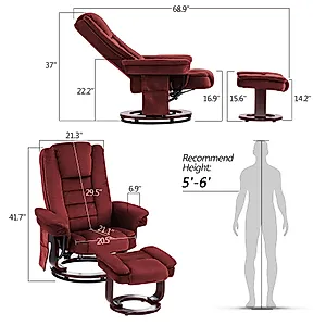 MCombo Recliner Chair with Ottoman, Fabric Accent Chair with Vibration Massage, Swivel Chair with Wood Base, for Living Reading Room Bedroom, 9099 (Burgundy)