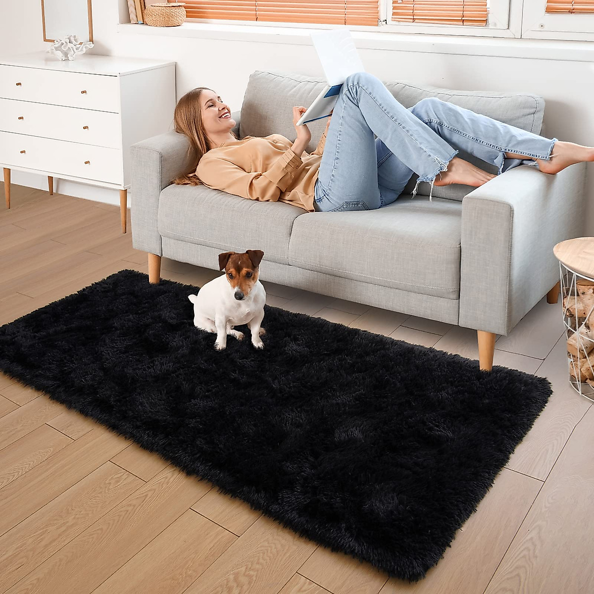 YJ.GWL Fluffy Runner Rug for Bedroom Living Room Soft Shag Rugs 2x6 Feet, Black Plush Carpet Non Slip for Nursery Dorm, Fuzzy Bedside Rug for Kids Boys Girls Room Home Decor