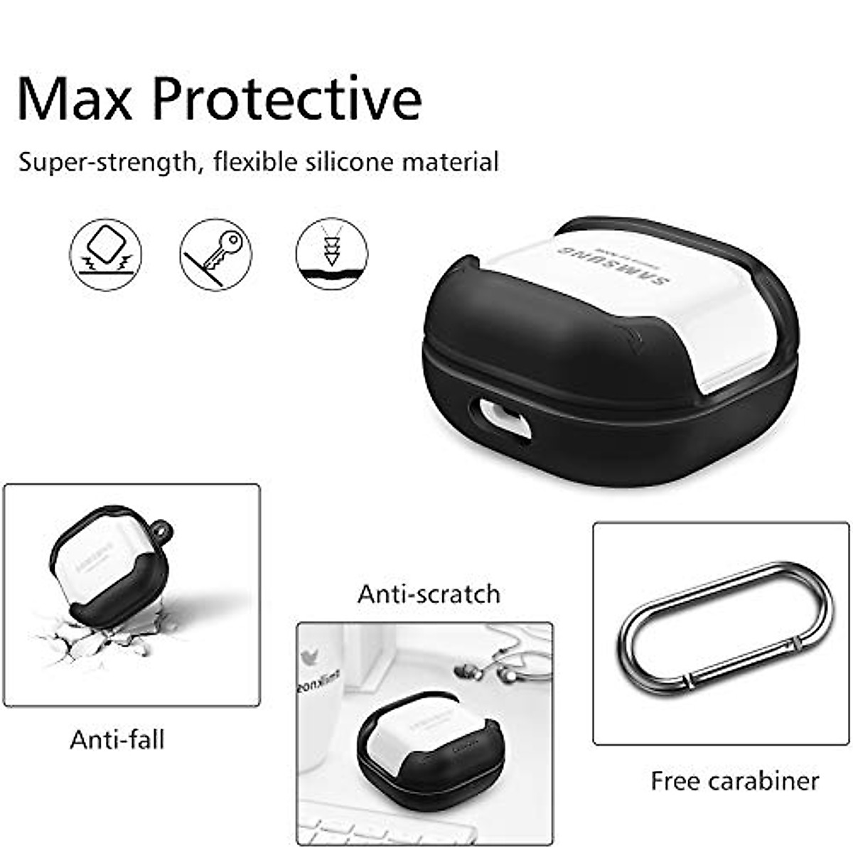 Fintie Silicone Case for Samsung Galaxy Buds 2 Pro (2022) / Galaxy Buds 2 (2021) / Galaxy Buds Pro (2021) / Galaxy Buds Live (2020), Shockproof Carrying Cover with Carabiner, No Need Adhesive (Black)