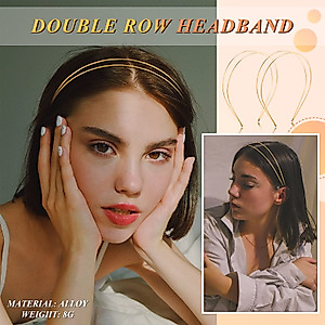 Syhood 4 Pieces Metal Double Layer Headbands Row Wire Headband for Women Wedding Hair Band Elastic Metal Hairband for Girls (Gold,Round)