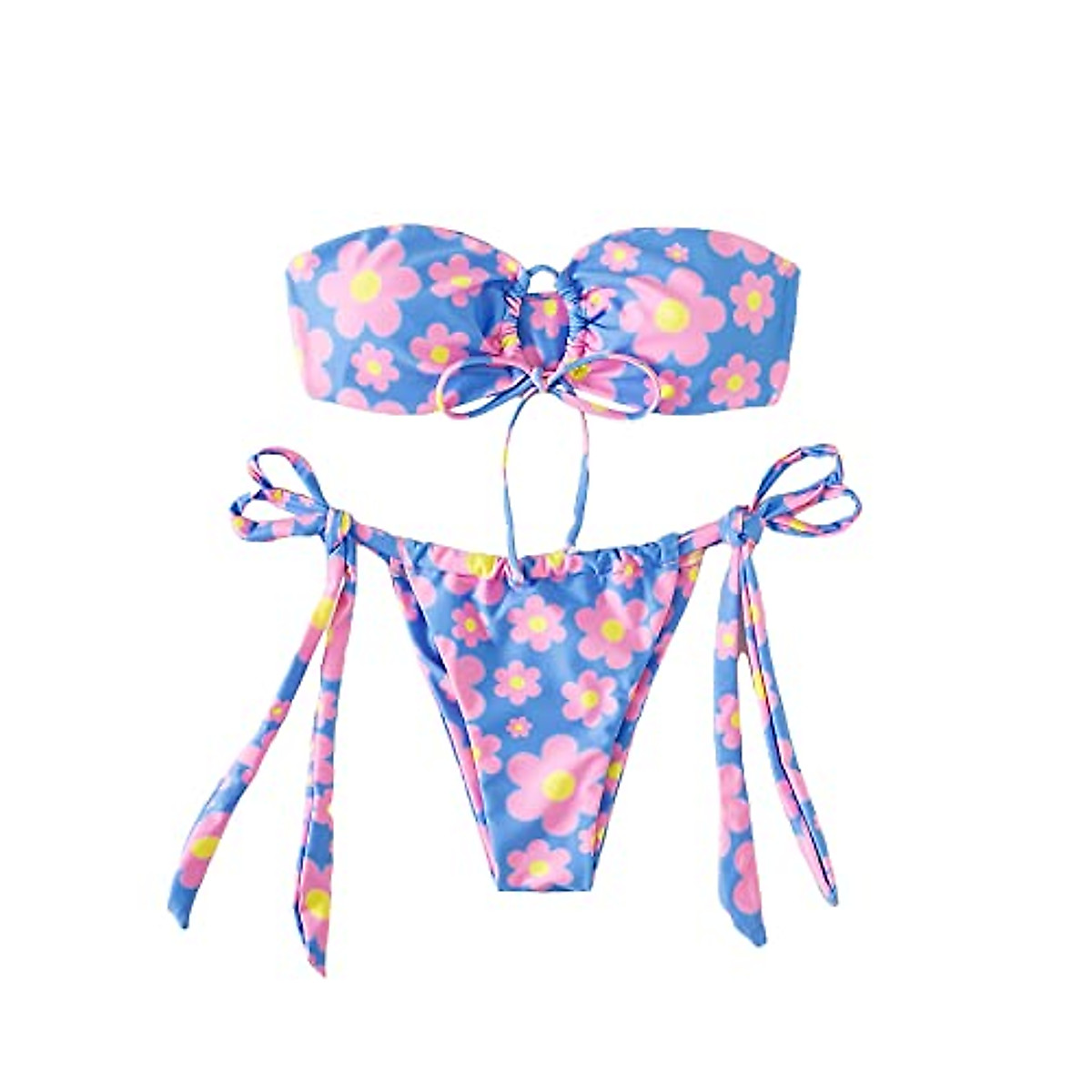 WDIRARA Women's Cutout Print Bandeau Top and Tie Side Bikini Set 2 Piece Sexy Swimsuits Blue Pink S