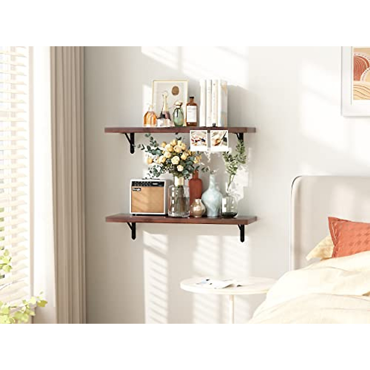 SUPERJARE 23.6 x 7.9in Floating Shelves, Set of 2, Wall Mounted Shelves for Storage, Hanging Book Shelves with Brackets for Bedroom/Living Room/Kitchen/Office/Bathroom - Cherry Walnut