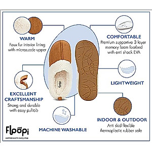 Floopi House Slippers for Women, Fur Lined Clog Womens Slippers Cozy Memory Foam with Indoor & Outdoor Anti Skid Sole (M, Chestnut-301)