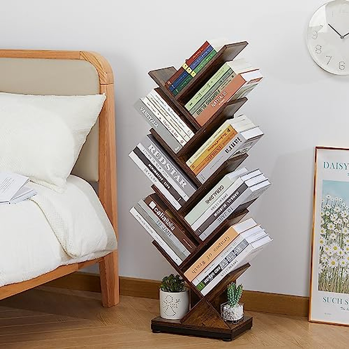 ruboka 8-Shelf Tree Bookshelf, 38.4-Inch Retro Floor Standing Bookcase Display for CDs/Magazine/Books, Small Bookshelf for Bedroom, Living Room, Office,Balcony, Brown Storage Shelves DESK54A