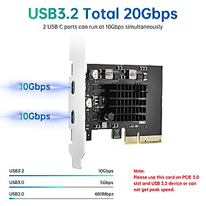 ELUTENG PCIE to USB 3.2 Expansion Card 10Gbps 2 USB C Ports Max Speed PCI-E Type C USB 3.2 Gen2 Card with Large-Area Heatsink USB Front Panel Adapter for Windows 11/10/8/7/XP/Linux/Mac OS