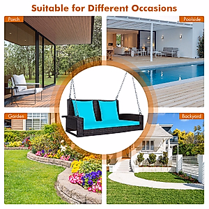 UJOYPAYD Hanging Porch Swing Bench,Heavy Duty 800 LBS 2-Person Rattan Swing Chair with Soft Cushions,Metal Frame Wicker Swing Bench,7.9ft Reinforced Steel Chain for Deck, Backyard, Garden (Turquoise)