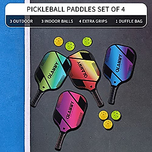 OLANNY Pickleball Paddles Set of 4 Graphite Pickleball Set with Honeycomb Core and Comfort Grip,Pickle-Ball Equipment Includes 4 Pickleball Racquets,6 Balls,4 Pickleball Grip Tape & 1 Portable Bag