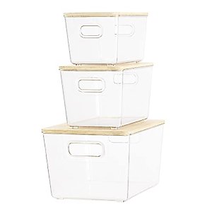 Navaris Transparent Plastic Storage Boxes with Lids - Set of 3 Clear Stackable Household Organizing Containers Bins with Bamboo Lids - S, M, L