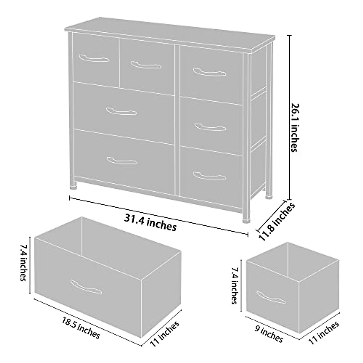 AZL1 Life Concept Dresser Storage Furniture Organizer-Large Standing Unit for Bedroom, Office, Entryway, Living Room and Closet-7 Removable Fabric Drawers, Light Grey