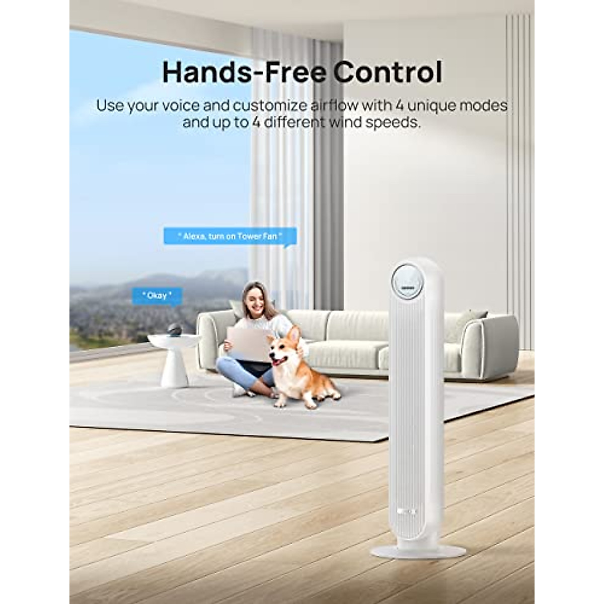 Dreo Tower Fan with Remote, Smart Oscillating Quiet Fans for Bedroom, Bladeless Standing Cooling Floor Fan with WiFi Voice Control Blow Cold Air, 4 Modes, 4 Speeds, 8H Timer, Works with Alexa/Google
