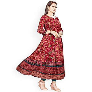 Women's Rayon Sanganeri Printed Long Anarkali Kurti With Tasseles (Maroon, Large)