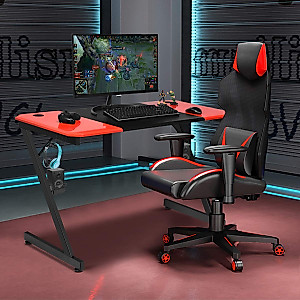 Tangkula Gaming Desk, Z-Shaped Computer Desk Professional Gamer Workstation with PVC Blow Molding Textured Surface, Gamer Table Desk w/Cup Holder, Headphone Hook & Audio Stands