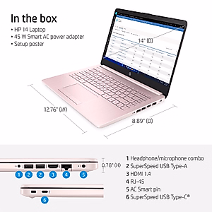 hp Stream Laptop, 14" HD Display, Intel Celeron N4020 Processor, 16GB Memory, 320GB Storage (64GB eMMC + 256GB USB), 1-Year Office 365, Webcam, HDMI, Wi-Fi, USB-C, Windows 11 Home, Pink, JVQ MP