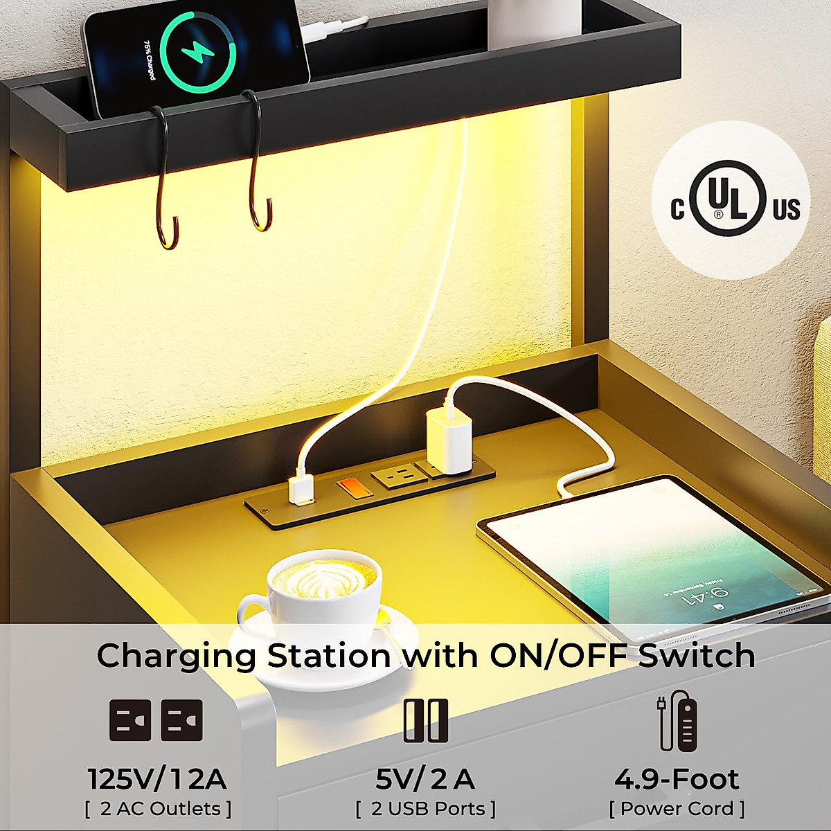 MSmask Black Night Stand with Charging Station, LED Night Stand with 2 Drawers and Open Storage Shelves, Modern Bedside Table with USB Ports&Outlets, End Side Table for Bedroom, Dorm