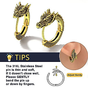 Huggie Stud Earrings for Men Women 18K Gold Plated Stainless Steel Punk Rock Dragon Earings