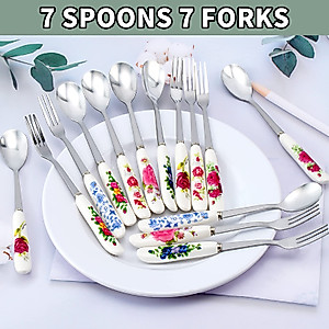 14 Pcs Dessert Forks and Spoons Silverware Set,Stainless Steel Small Appetizer Forks,Mini Coffee Spoons Salad Fork with Ceramics Handle,Cake Forks Tea Spoons for Dessert,Salad,Appetizer,Cocktail,Fruit