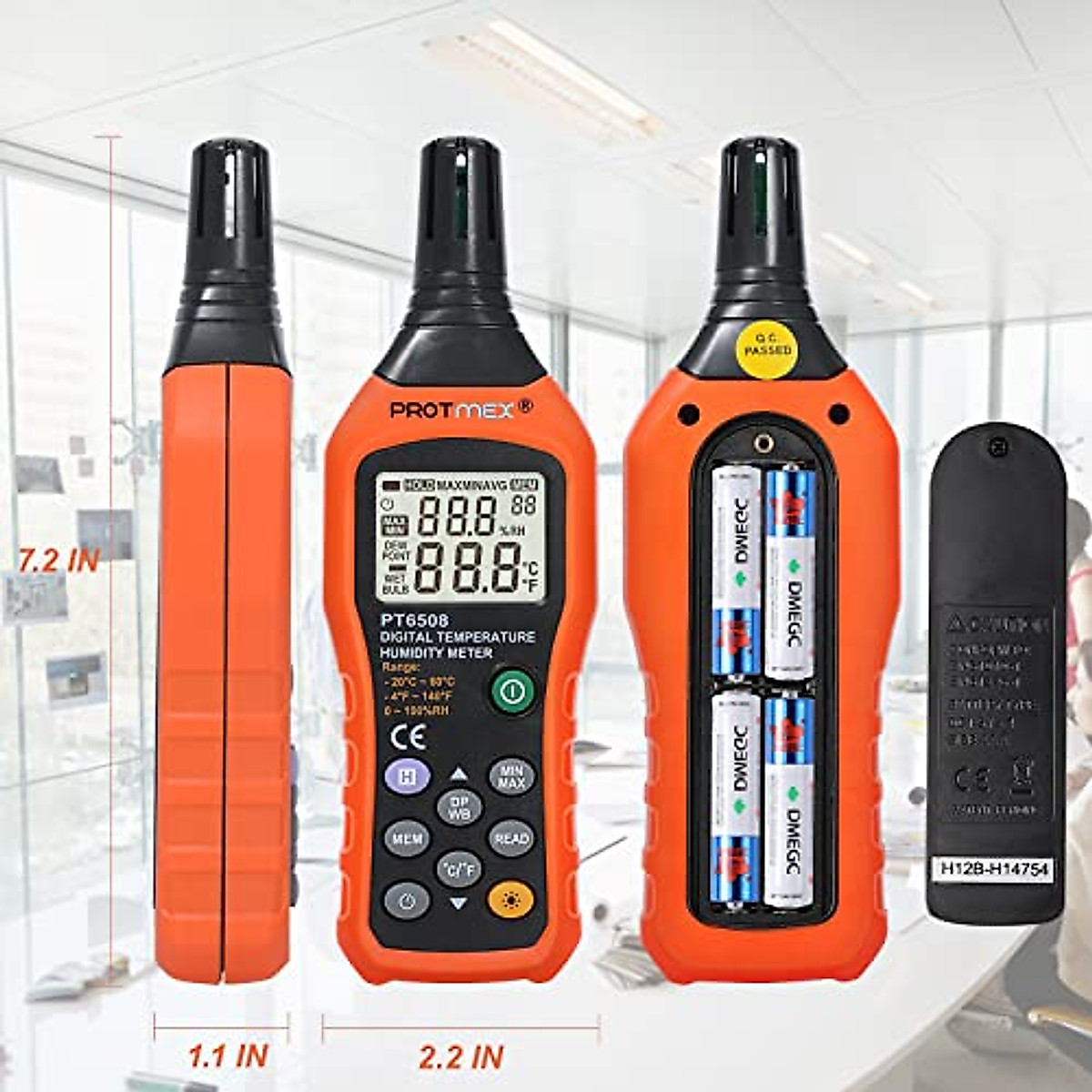 Protmex Digital Temperature Humidity Meter, Thermometer Hygrometer with Ambient Dew Point and Wet Bulb Temperature Indoor and Outdoor, Data Logger with Min/Max Hold, LCD Backlight, PT6508