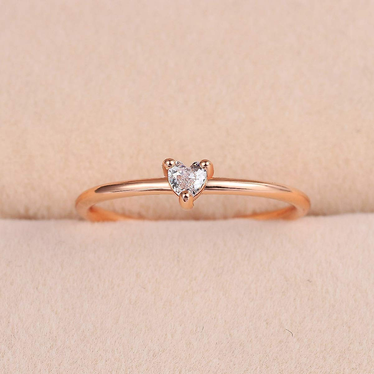 hsiyyecg Women's Heart-Shaped CZ Crystal Ring in Rose Gold Minimalist, Delicate Plain Band Knuckle Stacking Midi Jewelry (US Size 10)