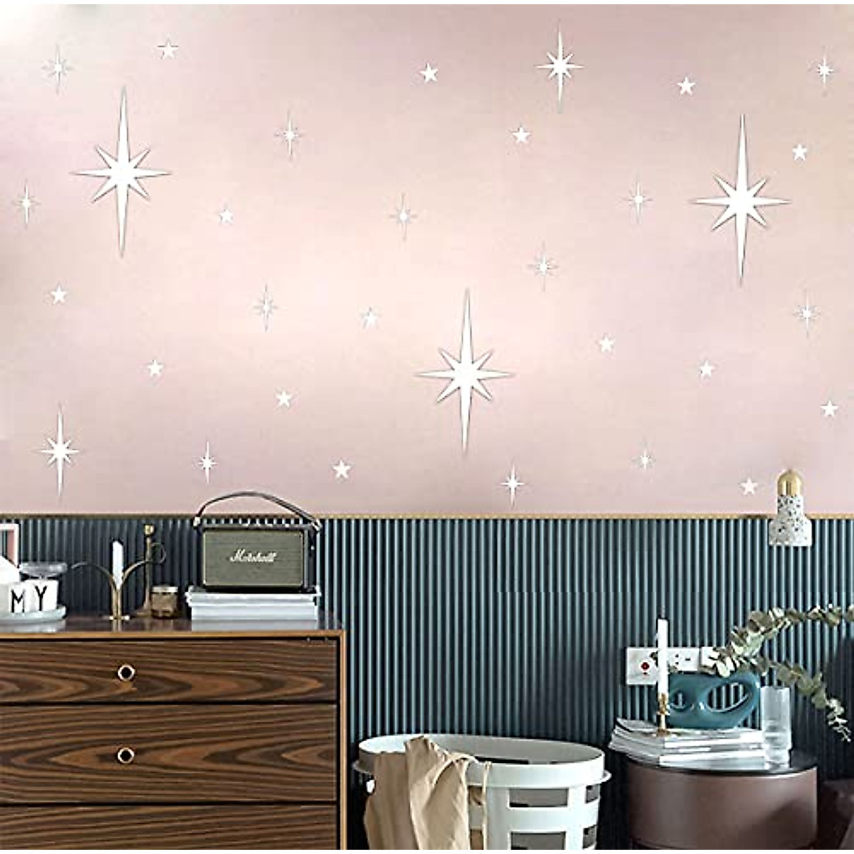 Retro Starburst Mirror Wall Decals Silver 3D Acrylic Sparkle Wall Decors Star Wall Stickers Removable Star Decals Home Wall Decors(123pcs)