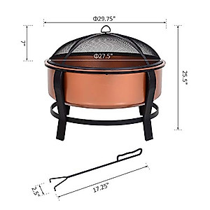 Outsunny 30 Inch Outdoor Fire Pits, Copper-Colored Round Basin Camping Fire Pit, Wood Burning Firepit Bowl with Ornate Black Base, Log Grate, Wood Poker, & Mesh Screen for Embers