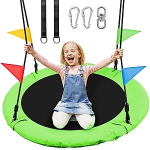 Odoland 40 inch Kids Saucer Tree Swing, Large Outdoor Chidren Round Rope Swing Installed on Tree and Backyard, 900D Waterproof Oxford Flying Saucer Platform Swing Great for 3 Kids or 1 Adult Green