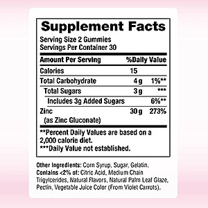 Nature's Bounty Stunning Complexion Skin Care Dietary Supplement Gummies Optimal Solutions, 30 mg Zinc, Mixed Berry Flavor, 60 Count