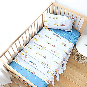 3 Piece 100% Cotton Toddler Sheet Pillowcase Set for Boys and Girls,Include Fitted Sheet,Top Sheet and Envelope Pillowcase,Cute Cartoon Pattern,Soft Skin-Friendly Breathable(Car)