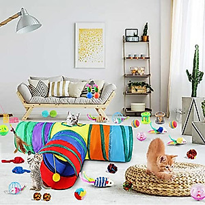 Oziral Cat Toys Set 32 PCS Kitten Toys Assortments Including 3 Way Tunnel Cat Feather Teaser Wand Sisal Mice Bell Balls Crinkle Balls Interactive Cat Toys for Indoor Cats Kitten