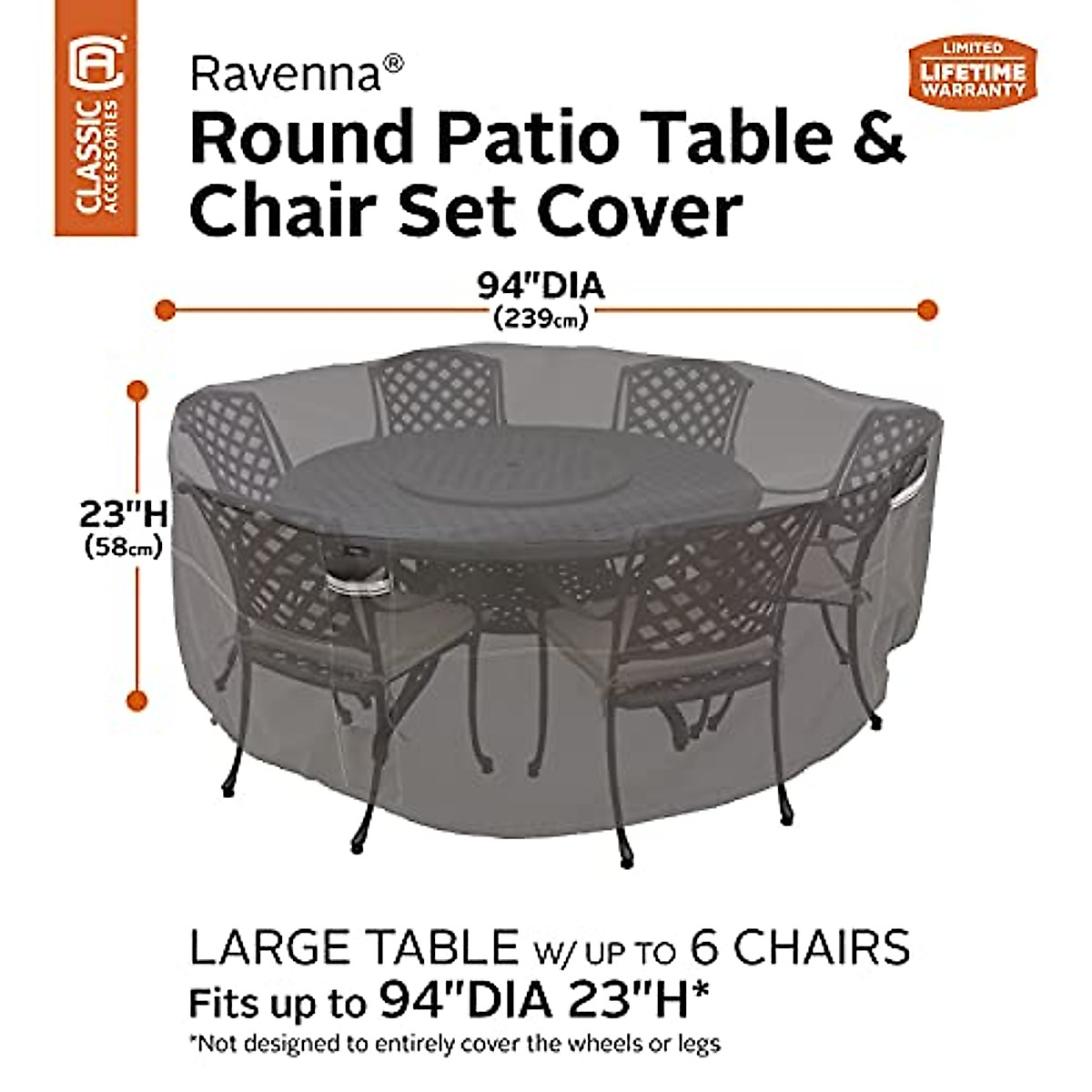 Classic Accessories Ravenna Waterproof Round Patio Table & Chair Set Cover, Outdoor Dining General Purpose Furniture Covers with Cord Lock & Padded Handles, 94 inch