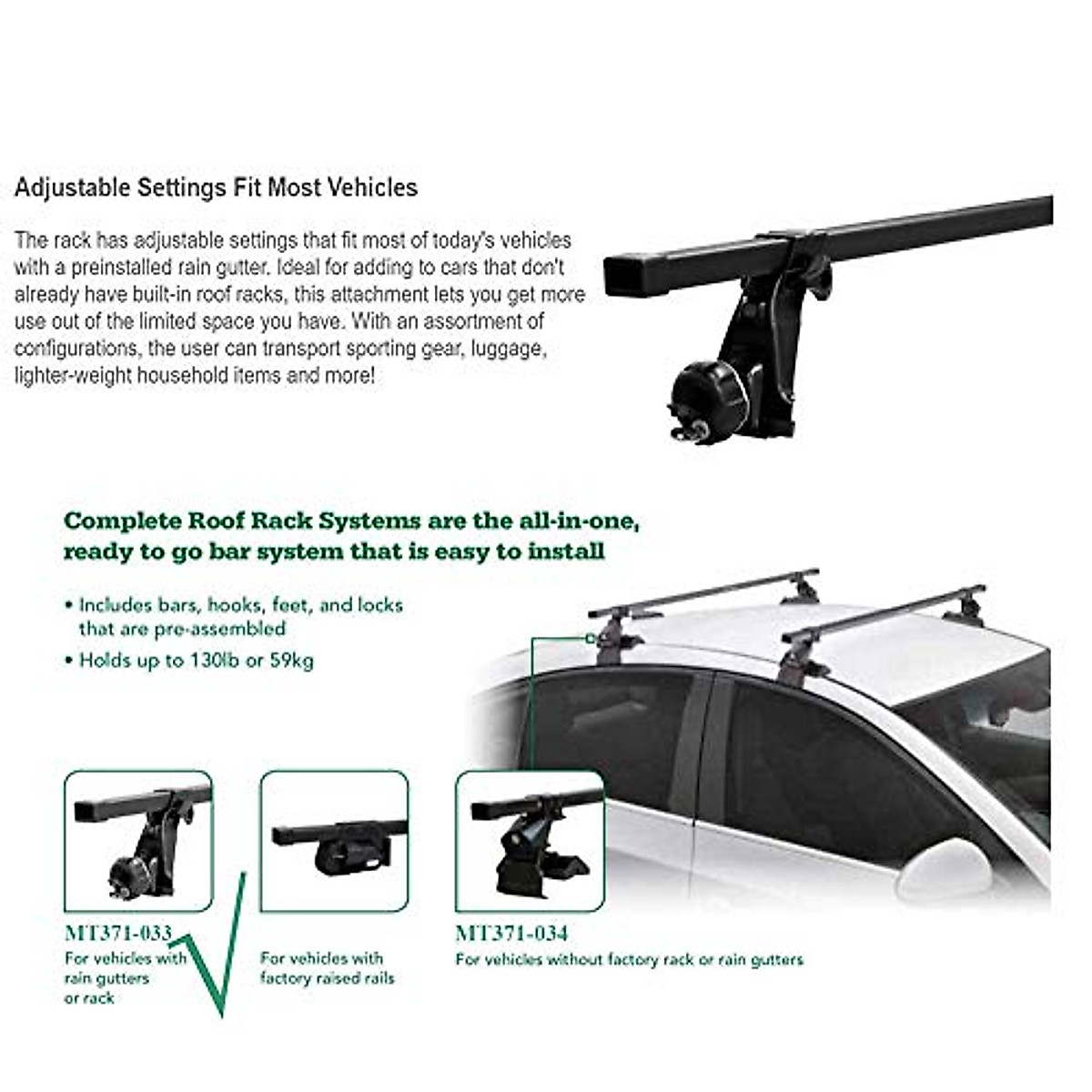 HTTMT- MT371-033- All-In-One SR1001 56" ROOF RACK SYSTEM Compatible With Most VEHICLES RAIN GUTTERS 130 LB CAPACITY [See Fitment]