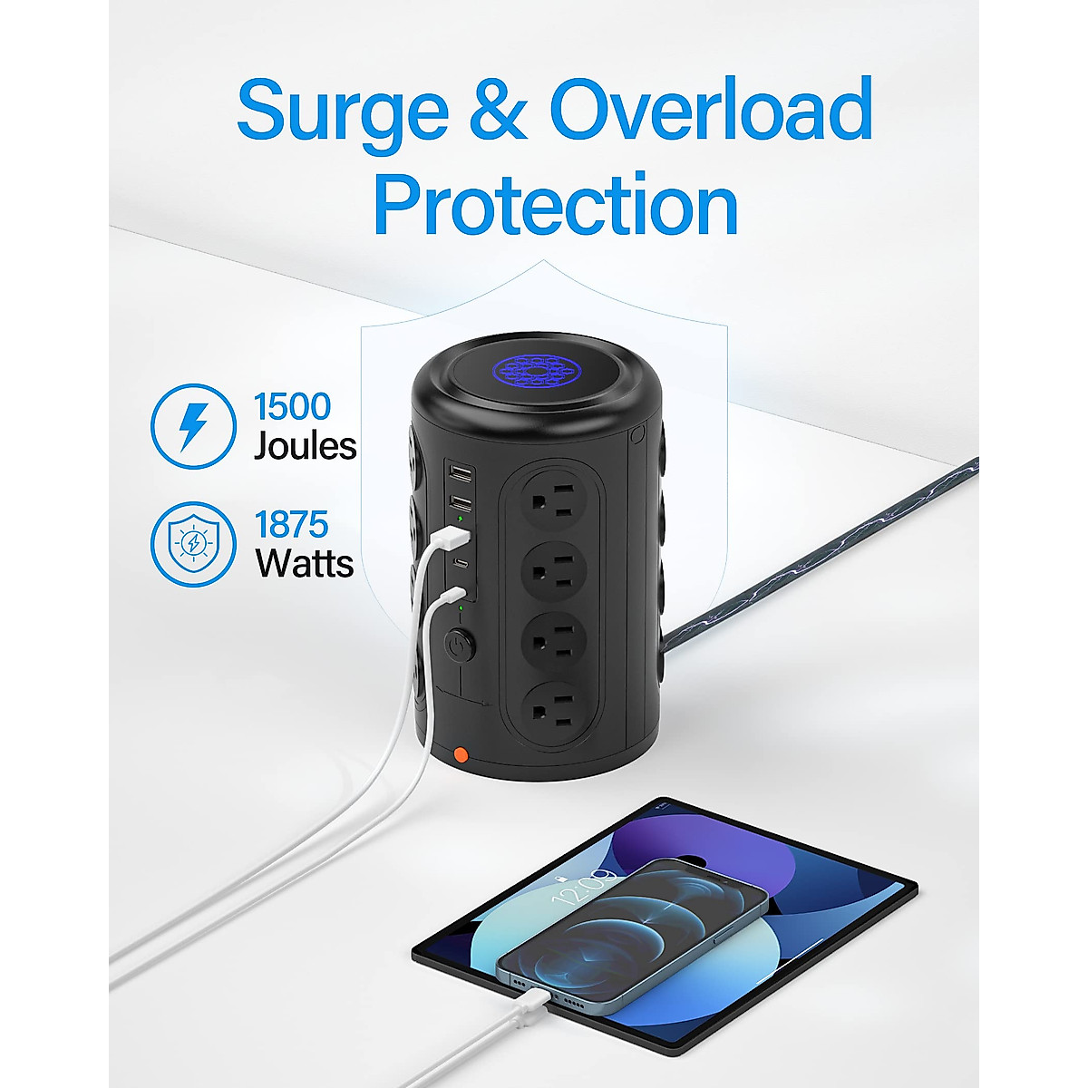 Power Strip Tower with 16 Outlets and 5 USB Ports (2 USB-C), TenTrend 1875W 1500J Surge Protector with 6 FT Extention Cord, Multi Outlet Tower for Home Office Desk, Dorm Room Essentials Black