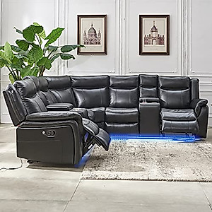 ELIASER Manual Reclining Sectional Sofa with LED Light Recliner Faux Leather L-Shaped Reclining Sectional Couch Recliner Sofa Cup Holder,USB Port,Storage Console,5 Seater for Living Room Black