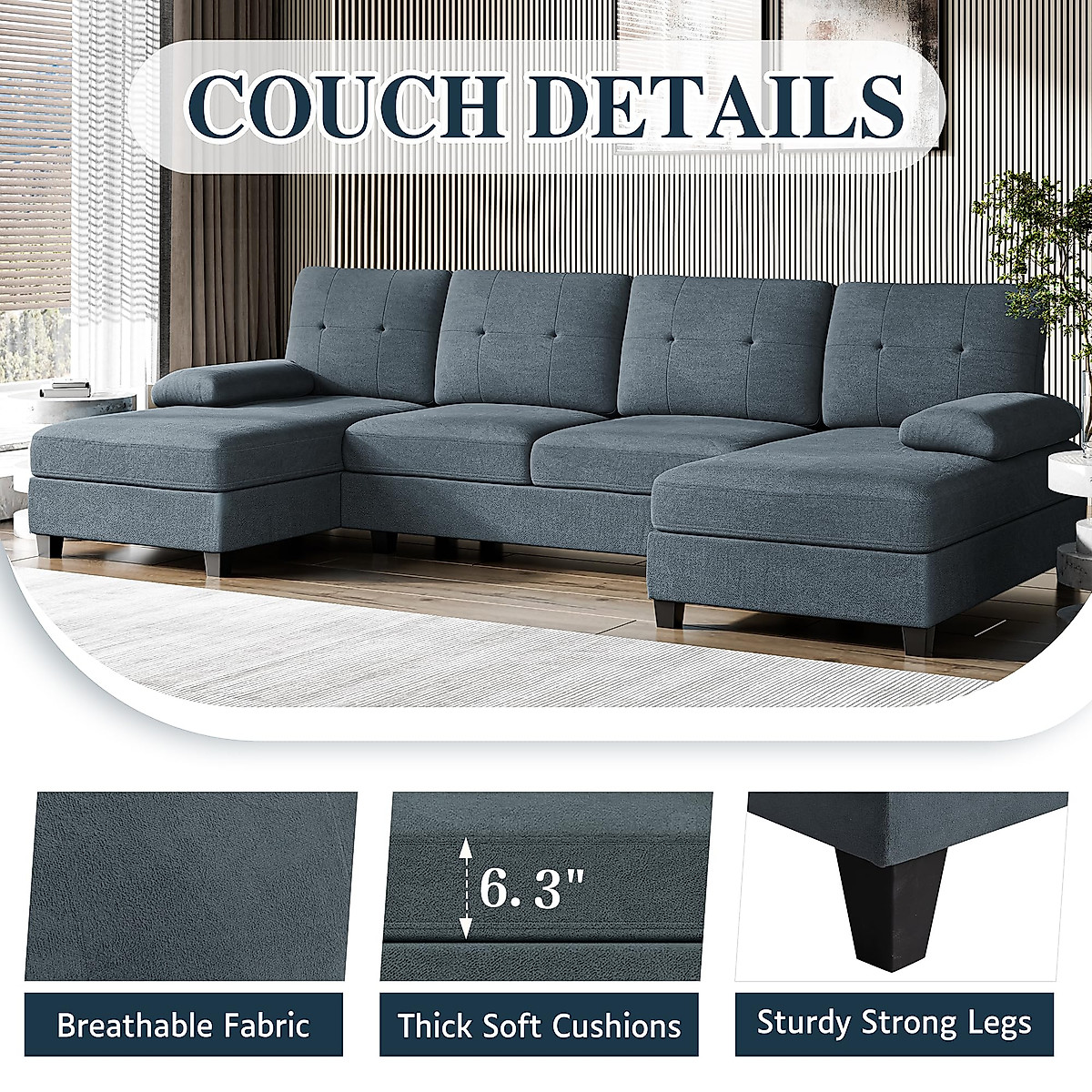 Meilocar Sectional Couches for Living Room, 4 Seat Sofa Set U-Shaped Couch with Double Wide Chaise, 106in Sofa Modern Fabric Large Couch with Oversized Seats (Grey)