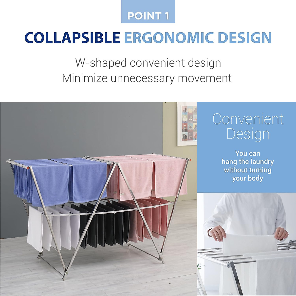 Letusto W-Rack Laundry Clothes Drying Rack - Indoor & Outdoor Folding Clothing Rack Foldable - Stainless Steel Laundry Garment Dryer Stand V2 (Square)