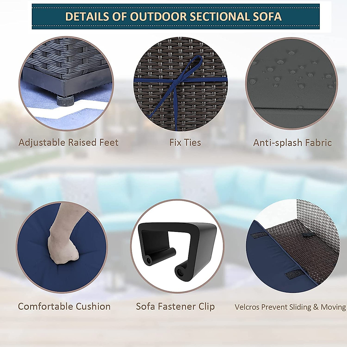 Kullavik Outdoor Patio Furniture Set, 7-Piece Patio All-Weather Outdoor Sofa, PE Wicker Combo Set with Coffee Table and Washable Sofa Seat Cushions (Navy Blue)