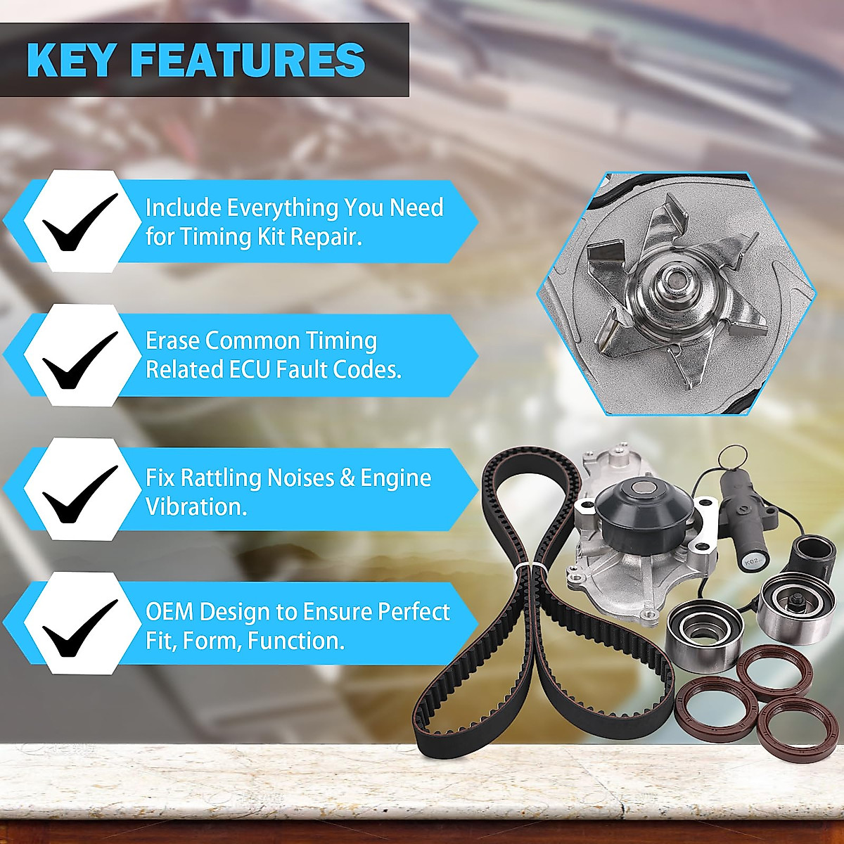 Timing Belt Kit with Water Pump for 3.0L 3.5L 3.7L 2003-2017 Honda Accord, Pilot, Odyssey, Ridgeline, Acura MDX, RDX, RL TL, TSX, ZDX - Replace # TCKWP329 TKH-002 - Timing Belt Water Pump Kit