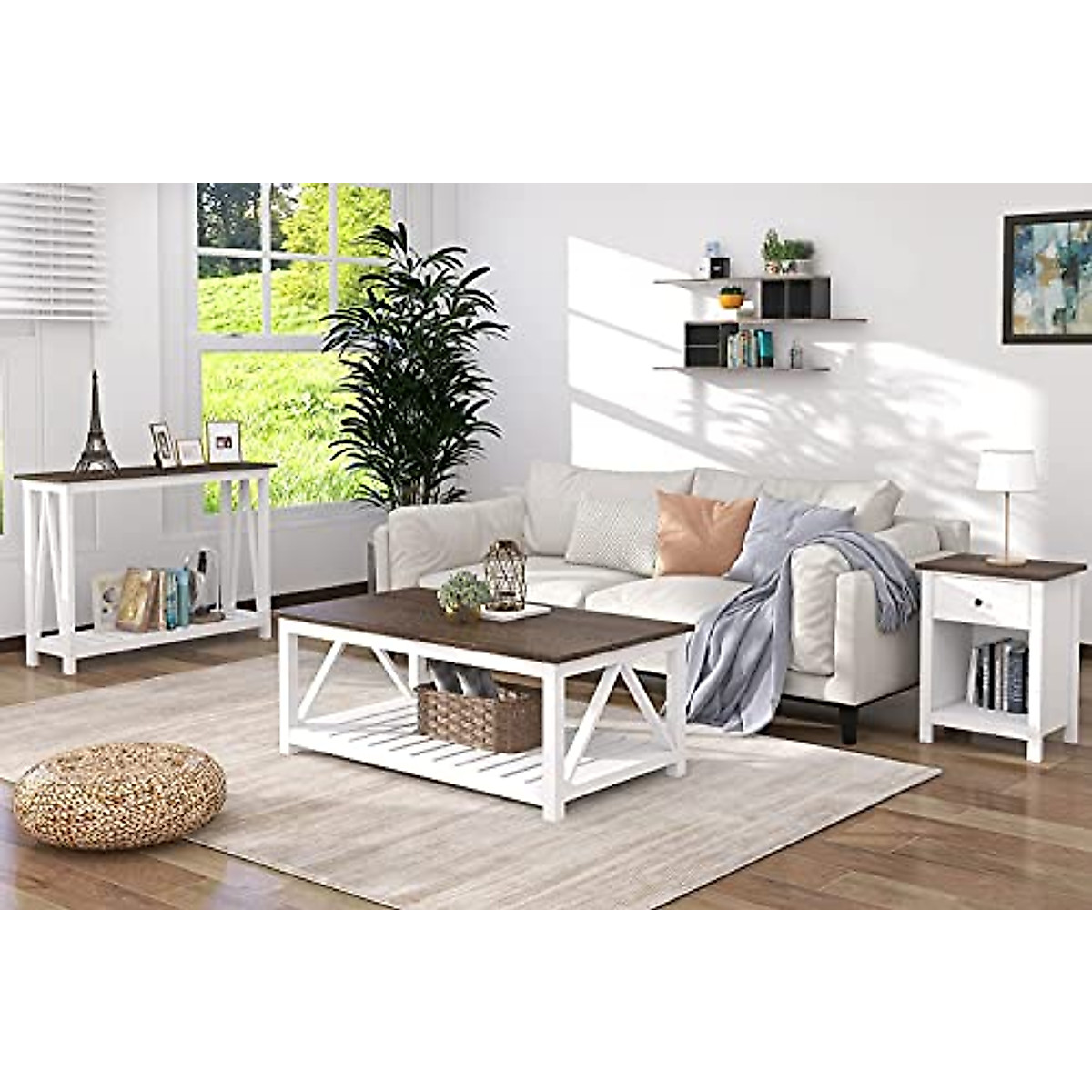 ChooChoo 3-Piece Farmhouse Living Room Table Set Includes Coffee Table & Two Rustic Vintage End Side Table with Storage Shelf