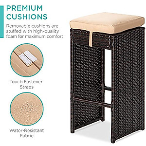 Best Choice Products 7-Piece Outdoor Wicker Bar Dining Set, Rattan Patio Furniture for Backyard, Garden w/Glass Table Top, 6 Stools, Removable Cushions - Brown/Beige