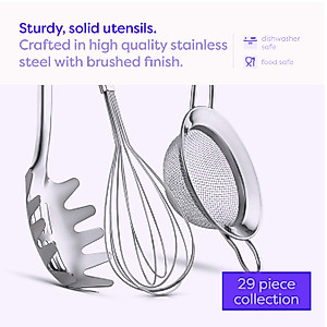 Klee Stainless Steel Complete Kitchen Utensil Set - 29 Pieces Heat Resistant, Plastic Free, Non-Toxic, Food Safe Kitchen Essentials for Home, School, Business and Camping Use