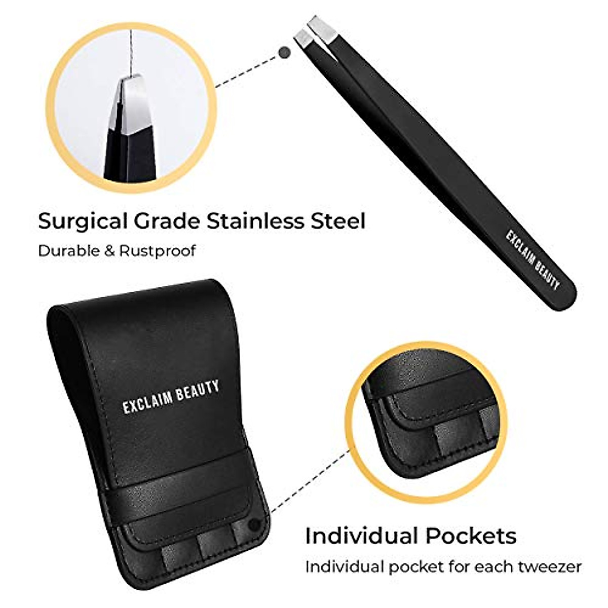 EXCLAIM BEAUTY Tweezers for Women & Men Pack of 4 Stainless Steel Tweezers Set, Precision Tweezers for Eyebrows Splinter Ingrown Hair Removal Tweezers Kit for Women with Leather Case – Matte Black
