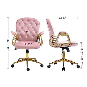 cayglow Velvet Home Office Desk Chair Comfy with Gold Legs and Arms, Comfortable Makeup Vanity Chair with Back and Wheels, Button Tufted Armchair Swivel Rolling Chair for Girls Women Bedroom,Pink