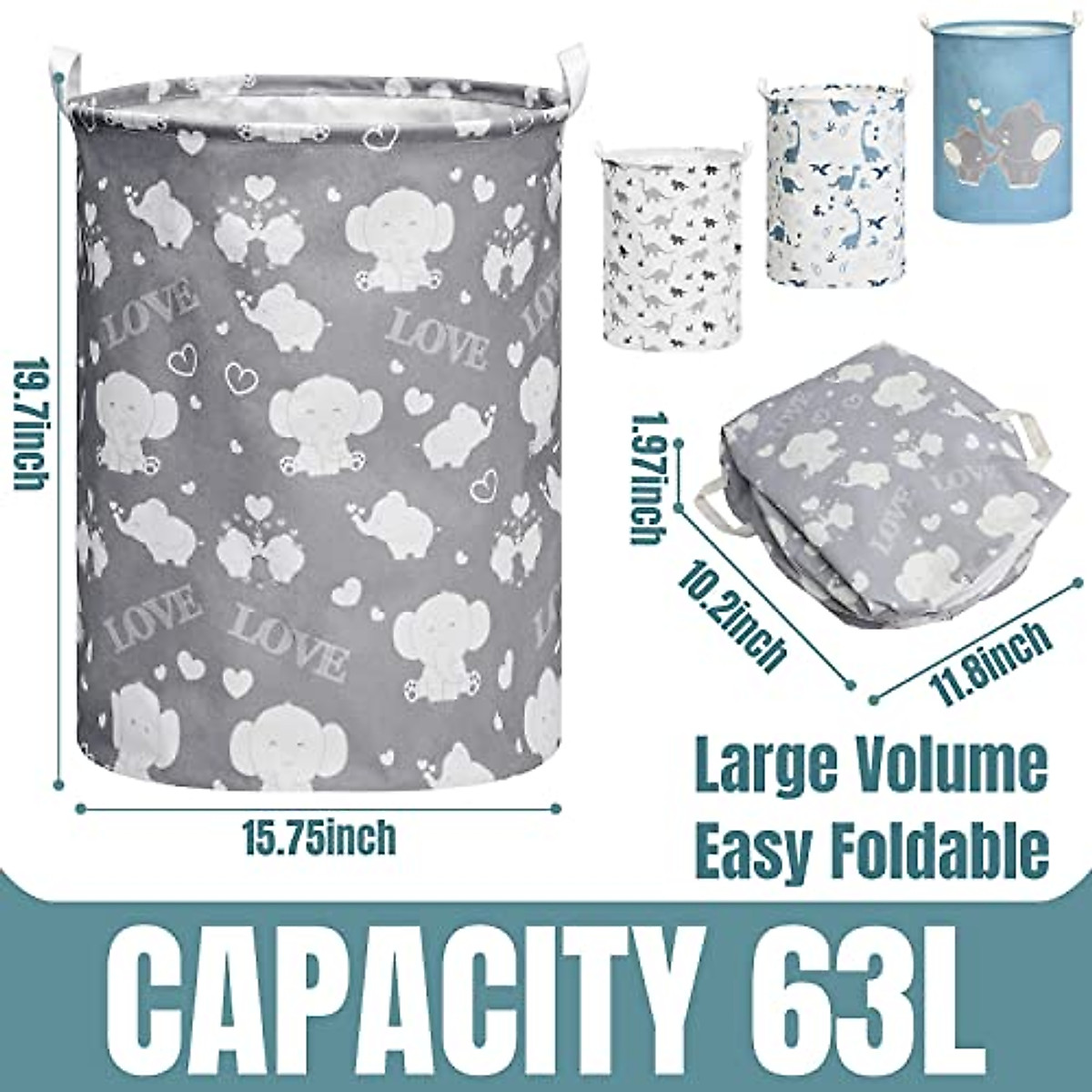 Newwiee 4 Pcs 19.7 Inch Large Round Storage Bin Waterproof Canvas Storage Basket with Handle Big Size Organizer Hamper for Dirty Laundry Baby Toys Nursery Kids Clothes Gift Basket