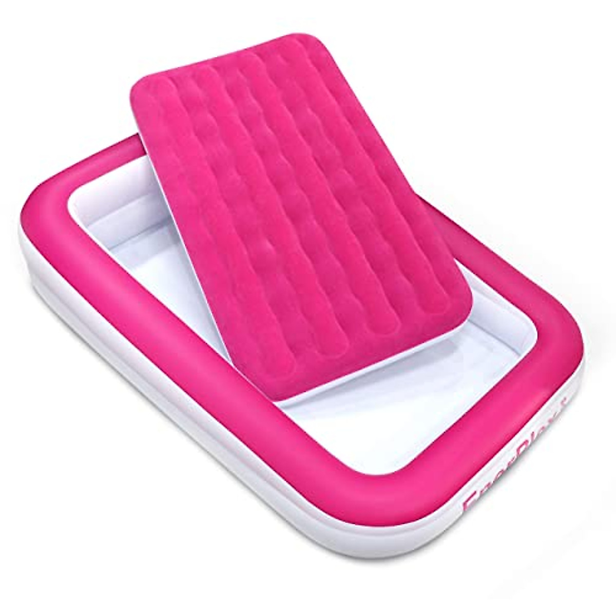 EnerPlex Kids Inflatable Travel Bed with High Speed Pump, Portable Air Mattress for Kids on The Go, Blow up Toddler Travel Bed with Sides – Built-in Safety Bumper - Pink