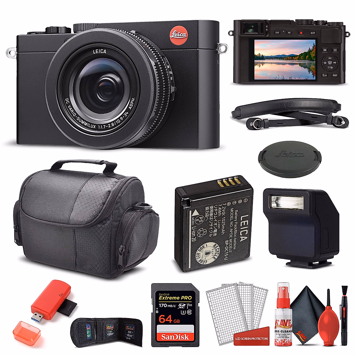 Leica D - Lux 7 Digital Camera (Black) (19141) + 64GB Extreme Pro Card + Card Reader + Case + Cleaning Set + Memory Wallet - Starter Bundle