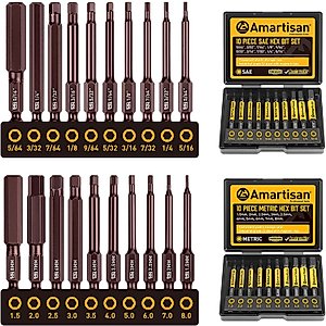 Amartisan 20-Piece Hex Head Allen Wrench Drill Bit Set, Metric and SAE S2 Steel Hex Bits Set, Magnetic Tips, 2.3" Long With Storage box.