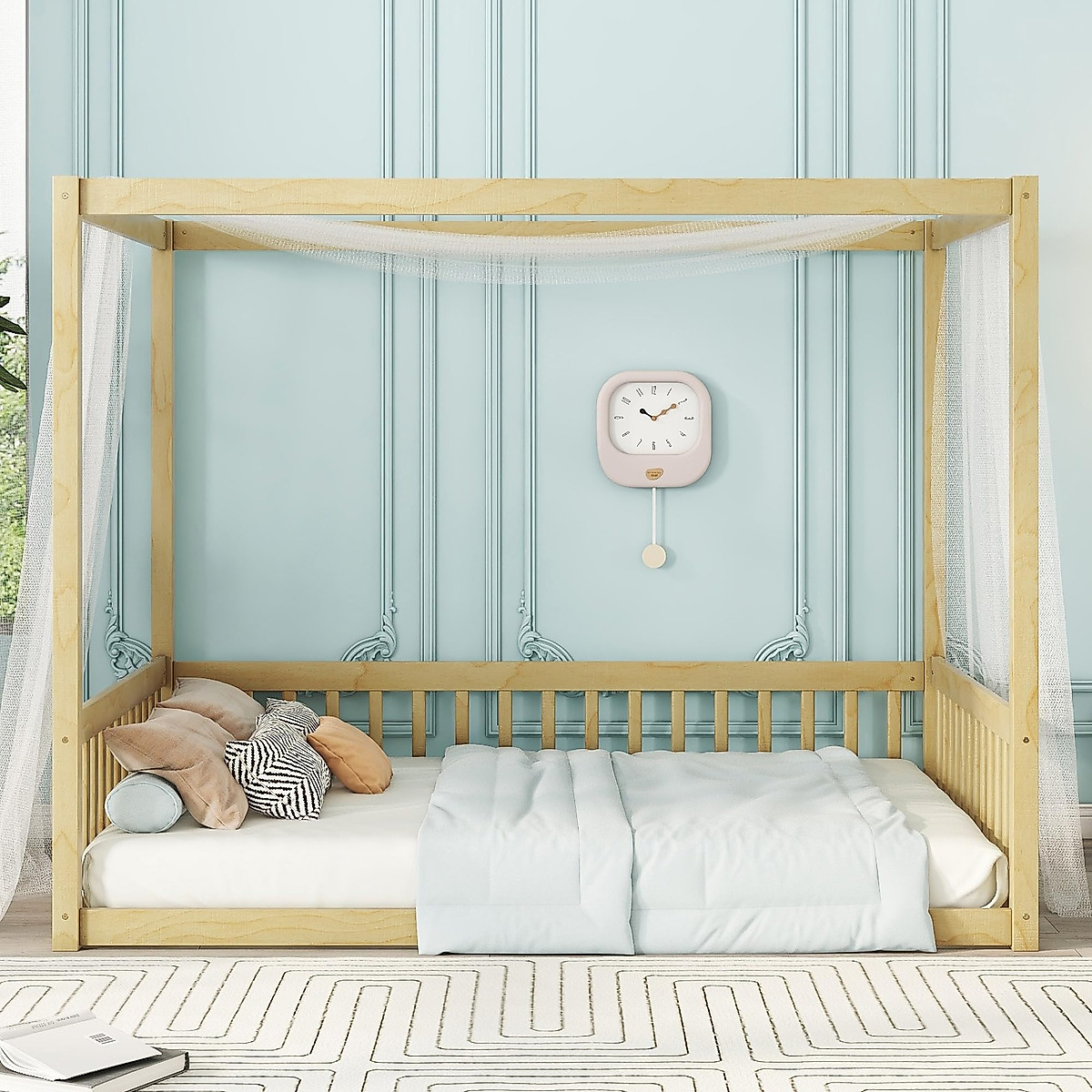 Full Size Canopy Bed Frame with Guardrails for Kids,Floor Bed Full with Four Poster Design,Kids Montessori Floor Bed,Wood Canopy Bed Frame for Girls,Boys(Full,Natural)