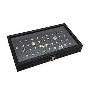 MOOCA Natural Wood Tempered Glass Top Jewelry Display Case Accessories Storage Box with Metal Clasp & Removable 50 Compartment Flocked Tray Liner, Wooden Jewelry Tray for Collectibles, Black