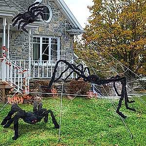 UNGLINGA Giant Spider Web Halloween Decorations Outdoor with 50inch & 30inch Large Spiders, Hanging Mega Huge Spider Web 2 Scary Fake Black Spiders for Yard Garden Outside House Indoor Decor