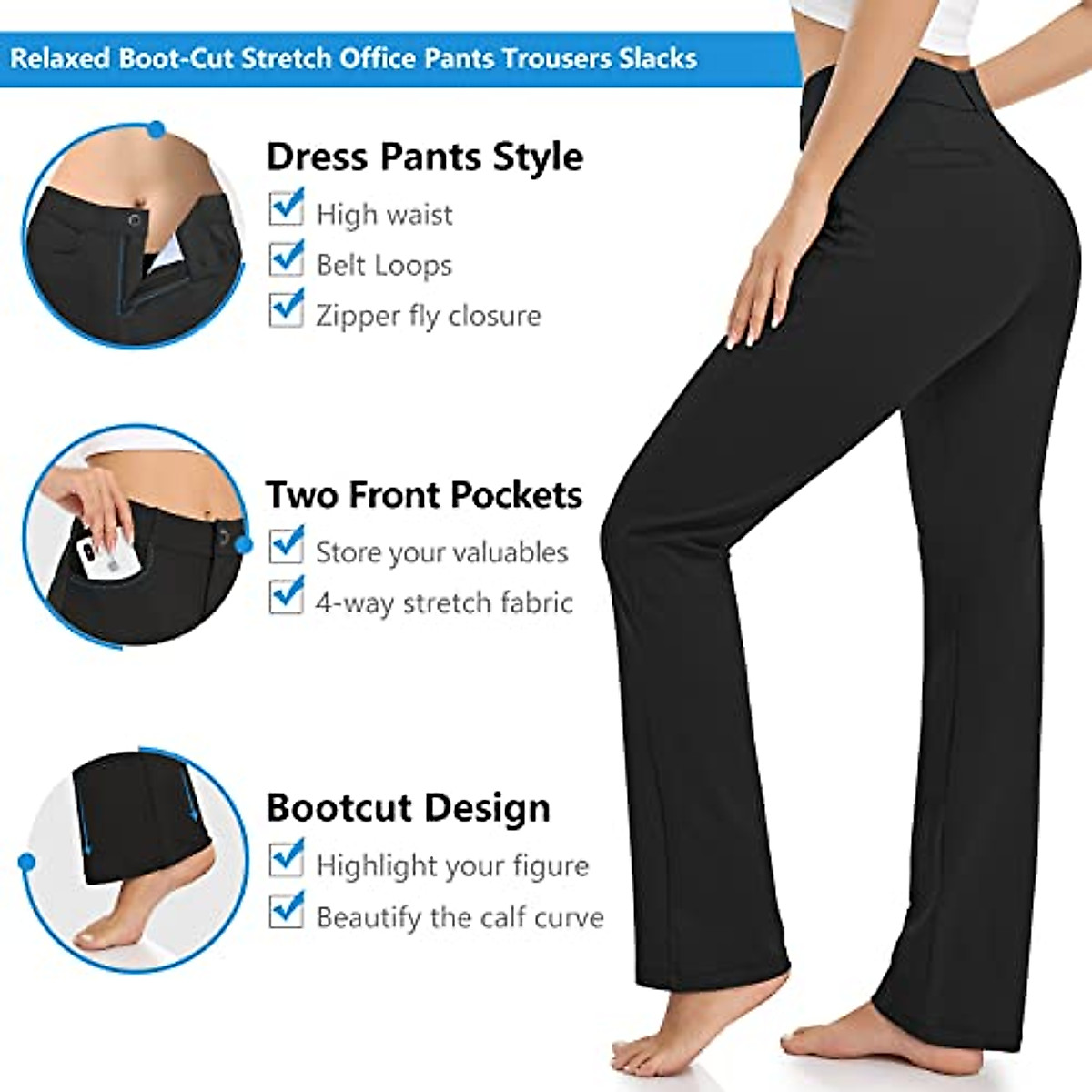 HISKYWIN Womens Dress Pants Yoga Work Office Business Casual Slacks Stretch Bootcut Petite Golf Pants with Pockets Zipper Fly HF833A-Black-XL