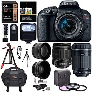 Canon EOS Rebel T7i EF-S 18-55 is STM DSLR Kit, EF 55-250mm STM, 64GB U3 Memory Card, Wide Angle, Telephone Lens, 48" Tripod and Accessory Bundle